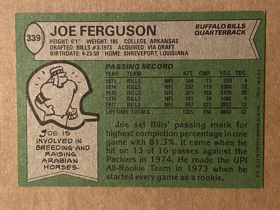 JOE FERGUSON Signed 1978 Topps #339 Bills Arkansas Razorbacks Autograph ...