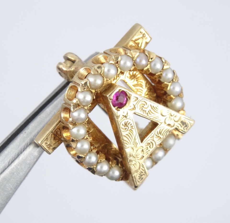 SOLID 14K GOLD ALPHA OMICRON PI SORORITY RUBY & PEARLS PIN BADGE ~ 5/8 ...