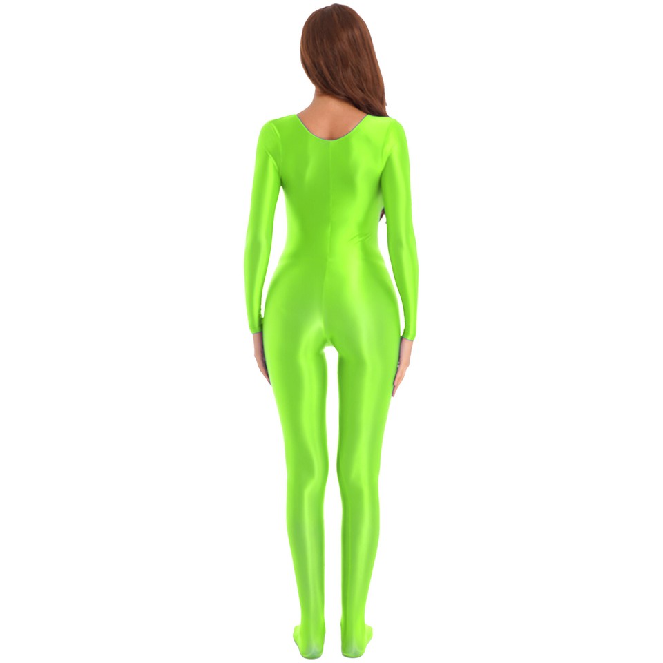 UK Womens Bodysuit Oil Shiny Suit Long Sleeve Full Body Footed Unitard ...