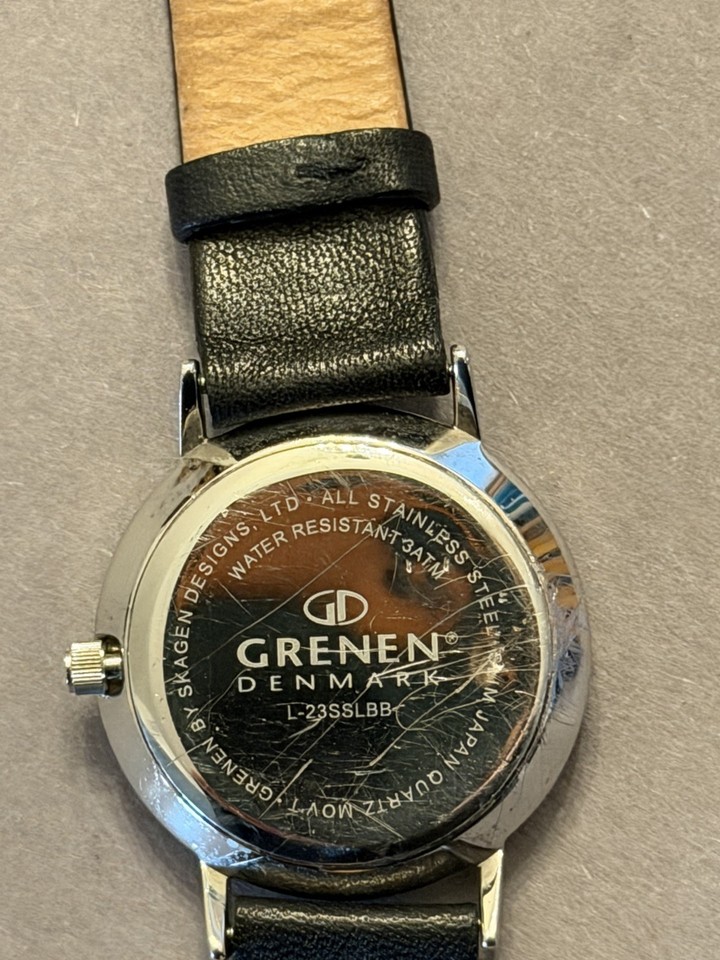 Unique Grenen Skagen Lady's Watch Black Face Leather Band Silver Tone L ...