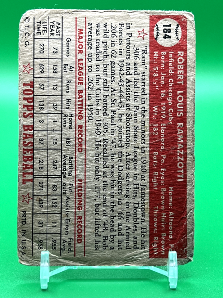 1952 Topps - Bob Ramazzotti - #184 Chicago Cubs - Lower Grade | eBay