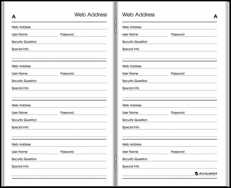 AT-A-GLANCE Undated Website Address Book and Password Keeper, Black (80 ...