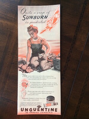 1943 vintage original print ad Unguentine Sunburn Cream To Unburn ...