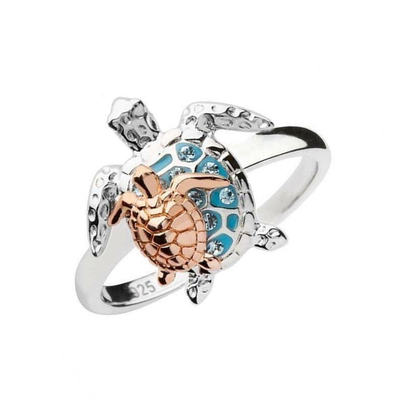 925 Sterling Silver Blue Topaz Sea Turtle Wedding Engagement Ring Size ...
