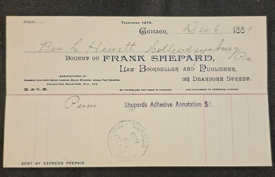 1889 Frank Shepard Law Bookseller & Publisher Billhead Receipt Chicago ...