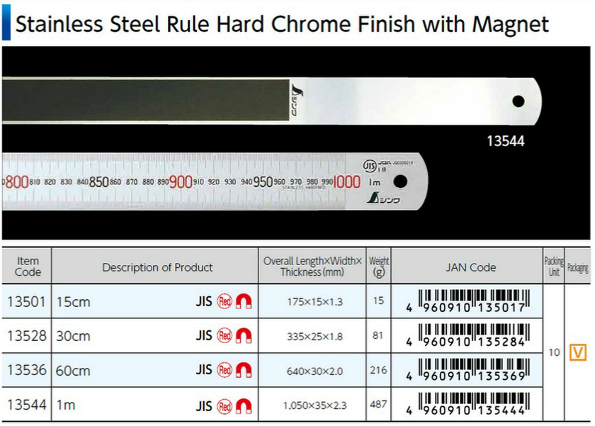 SHINWA Stainless Steel Rule Hard Chrome Finish with Magnet 30cm 300mm ...