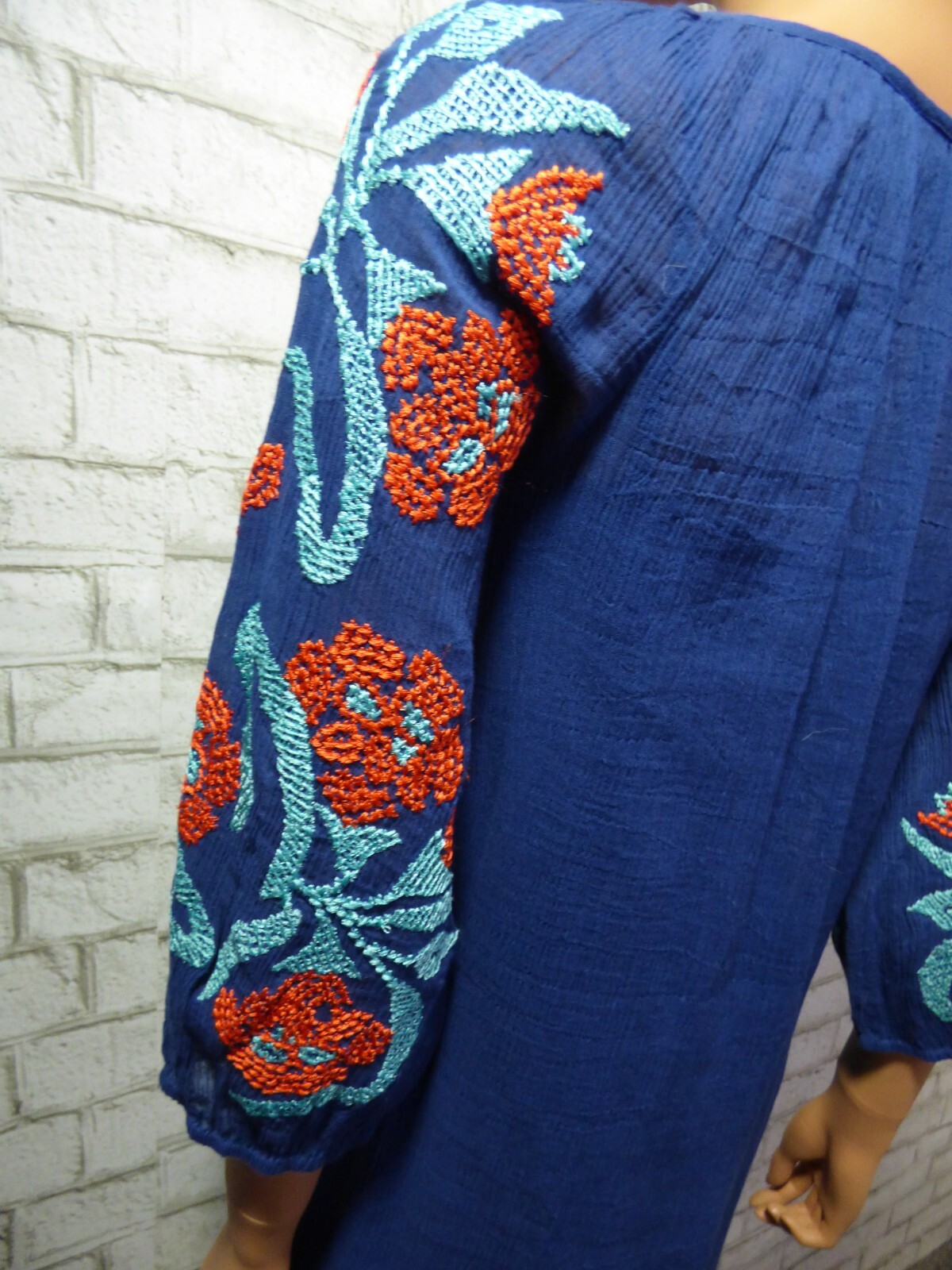 $348 Trina Turk Blue Red Embroidered Bohemian Cotton Shift Dress 10 NEW ...