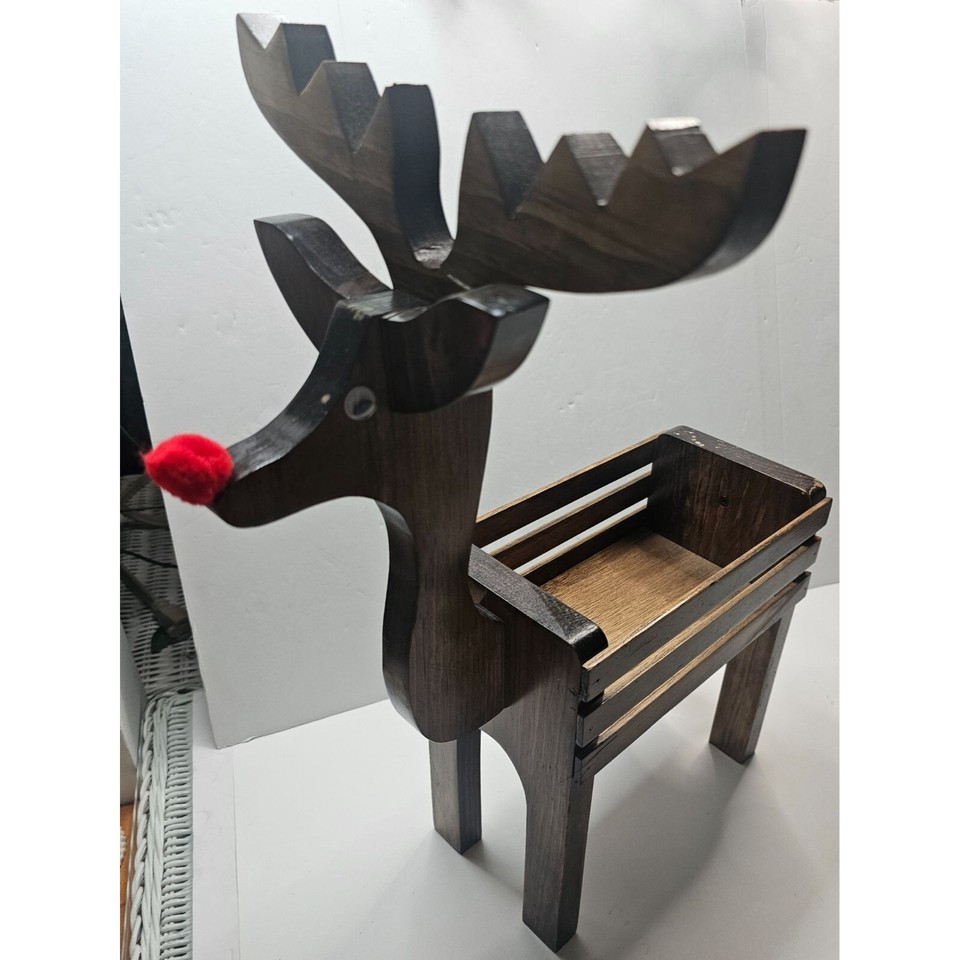 Wooden Reindeer Planter Decor Basket Display With Red Nose Handmade | eBay