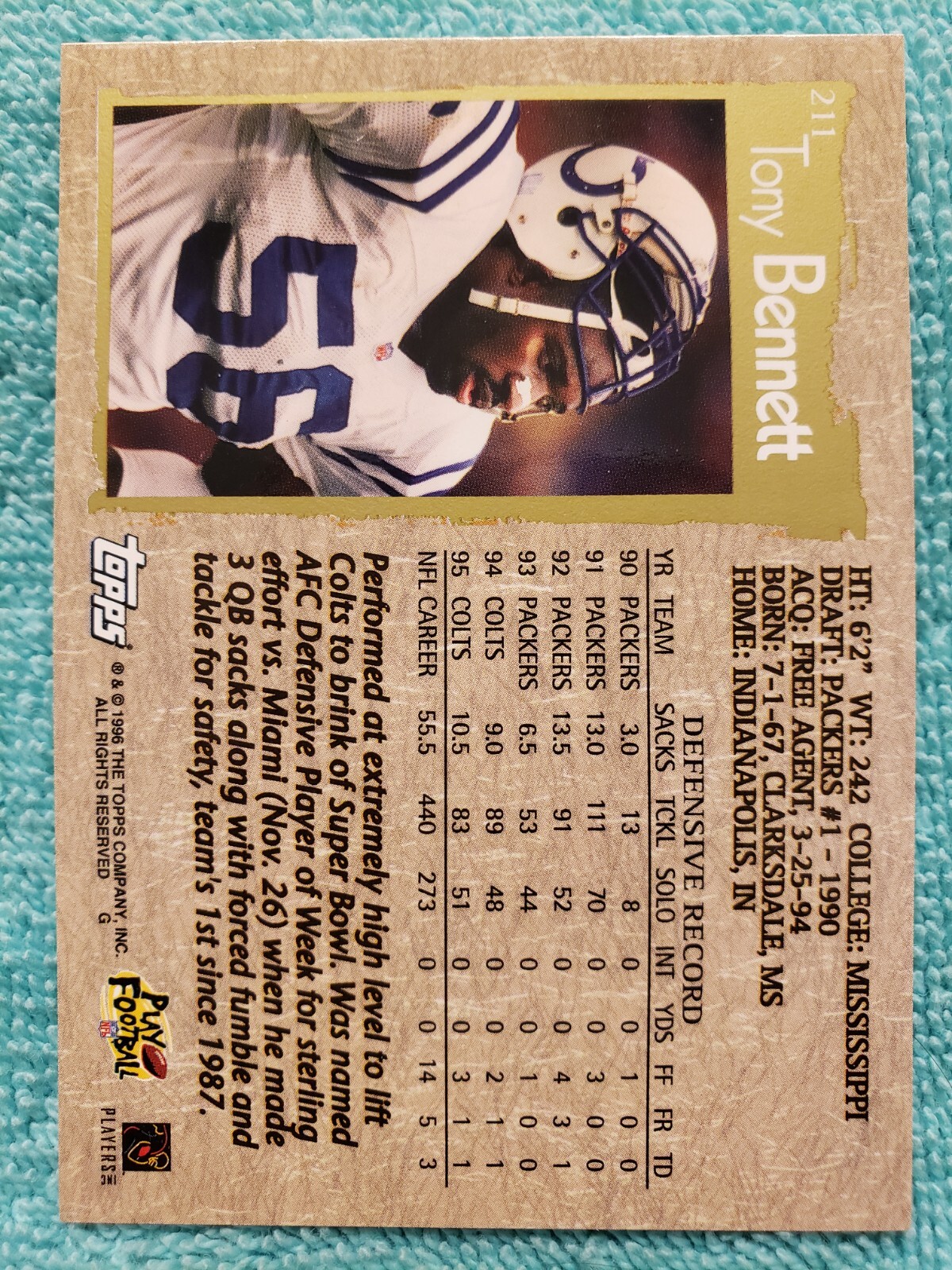 1996 TOPPS TONY BENNETT #211 INDIANAPOLIS COLTS | eBay