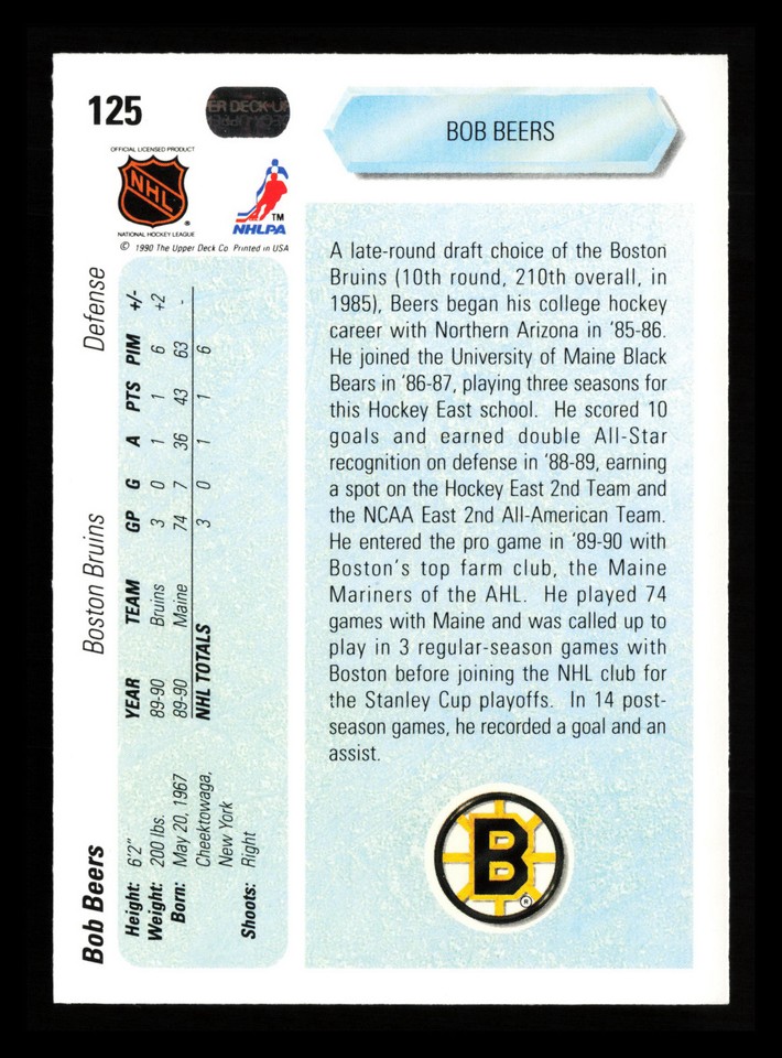 Bob Beers 1990-91 Upper Deck Hockey NHL #125d Boston Bruins ROOKIE | eBay