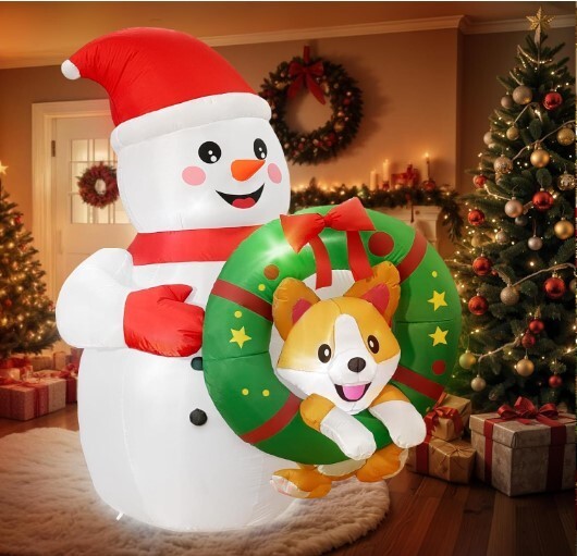 6FT Christmas Inflatable Snowman Decoration with Corgi Wreath and LED ...