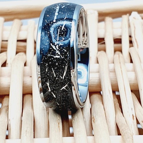 Engraved Meteorite Inlay Tungsten Ring 8mm Silver Tungsten Anniversary ...