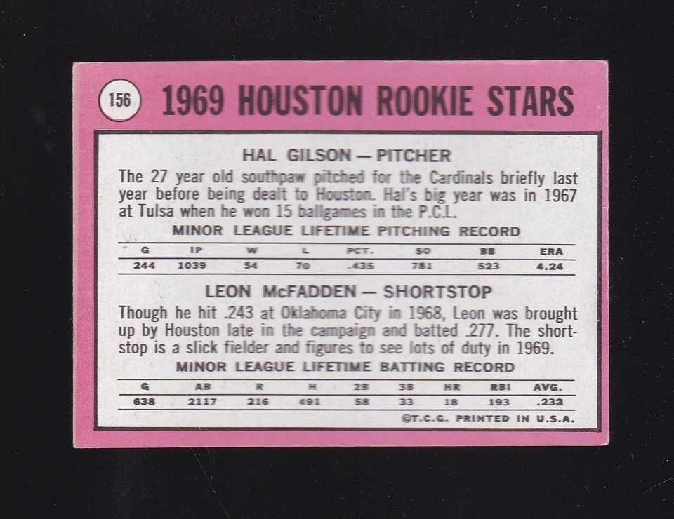 1969 Topps Rookie Hal Gilson Leon McFadden #156 Houston Astros | eBay