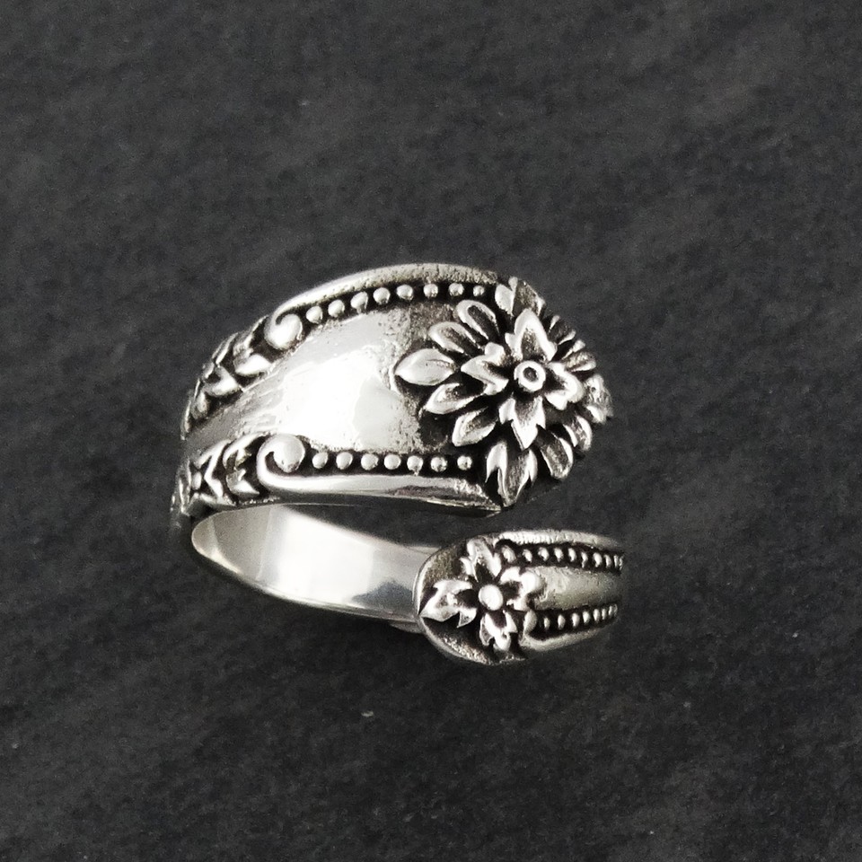 Victorian Flower Spoon Ring - 925 Sterling Silver - Adjustable Sizes 6 ...