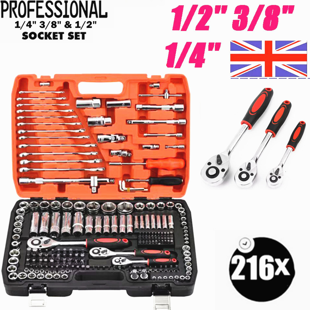 216PCS Garage Socket Tool Wrench 3/8" 1/2" 1/4" Ratchet Mechanic ...
