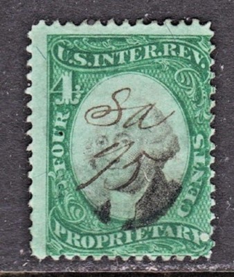 US Proprietary (Scott RB4b) 1874 4c green & black on Green paper USED ...