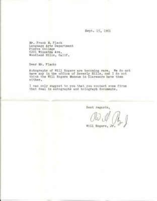 Will Rogers Jr. D.1993 Actor Signed Typed Letter | eBay