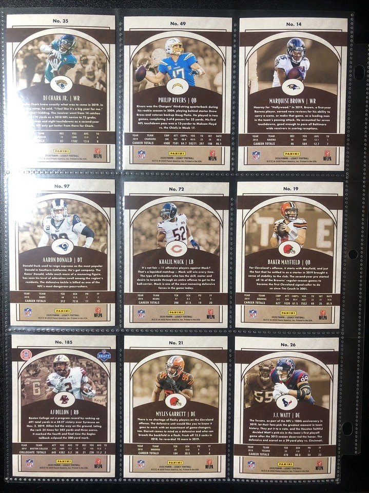 (Lot of 9) 2020 Panini Legacy NFL Trading Cards (Watt, Mack, Donald ...