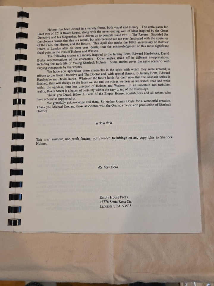 221 B Baker Street The Return Sherlock Holmes Fanzine (May 1994) | eBay