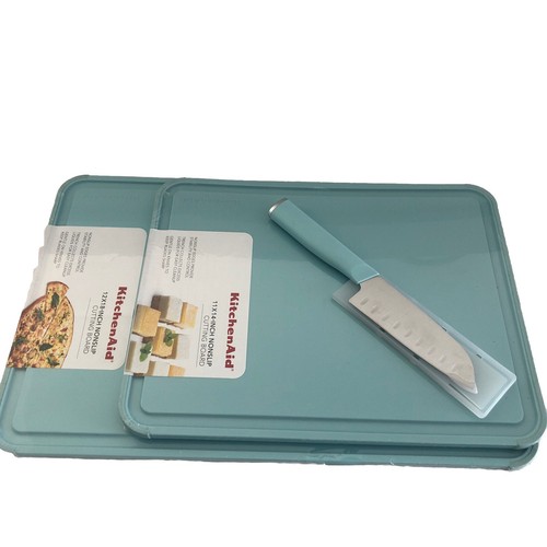 New KitchenAid Mineral Water Blue 4 Piece Cutting Boards Santuko Knife ...