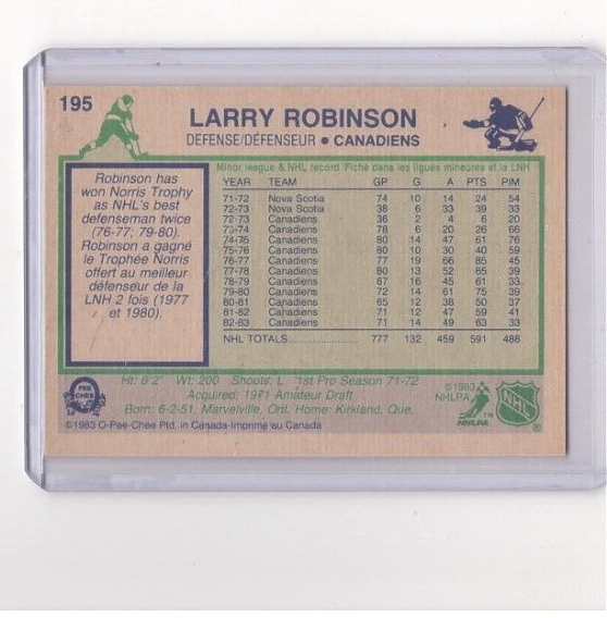 LARRY ROBINSON SIGNED 1983-84 O-PEE-CHEE OPC HOCKEY CARD #195 AUTOGRAPH ...