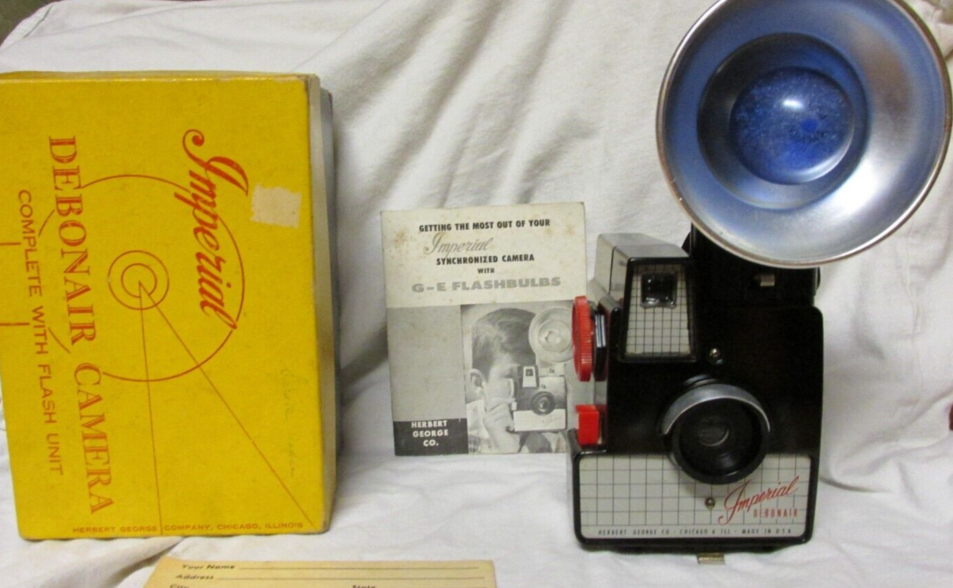 VINTAGE 1950s IMPERIAL DEBONAIR CAMERA w/ FLASH & BULB & MANUAL & BOX ...