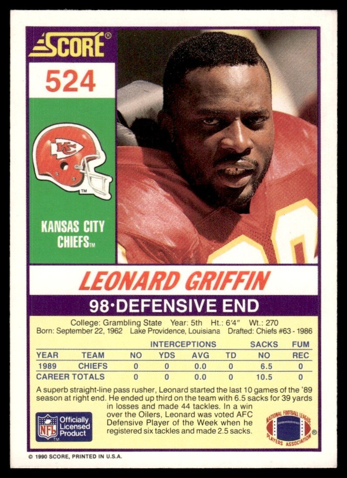 1990 Score Leonard Griffin Rookie Kansas City Chiefs #524 | eBay