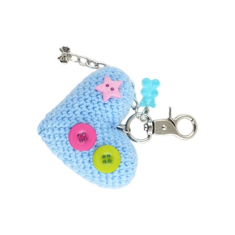 Handmade Knitted Keychain Handwoven Heart with Button Bowknot Pendant ...