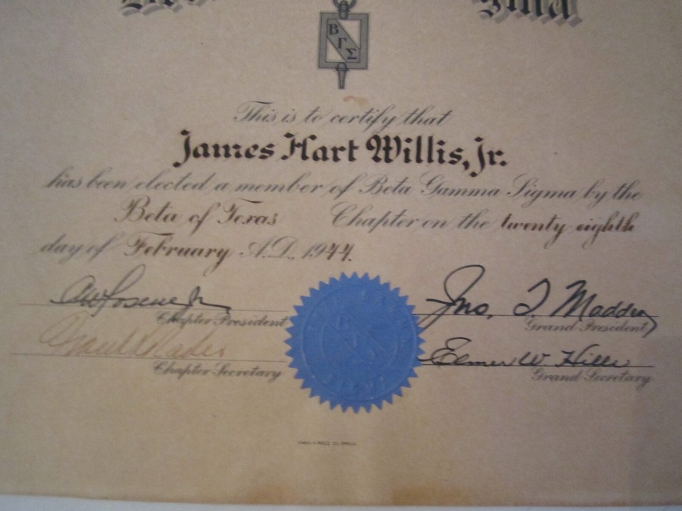 1944 BETA GAMMA SIGMA FRATERNITY CERTIFICATE - 10" X 8" - OFC-2 | eBay
