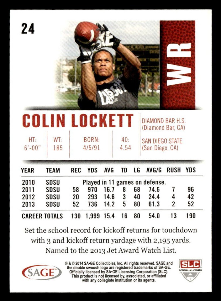 Colin Lockett 2014 SAGE HIT Rookie Card #24 San Diego State Aztecs | eBay