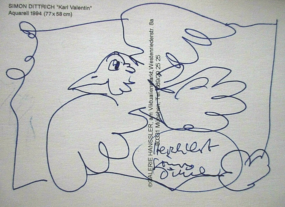 Simon Dittrich Bird Hand Drawing, 2x Signed, with Frame, (Karl Valentin ...