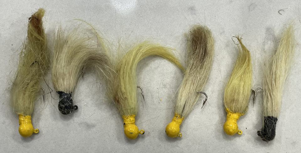 6 Vintage Fluffy Yellow Black Rubber Weighted Squid or Shrimp Fishing ...