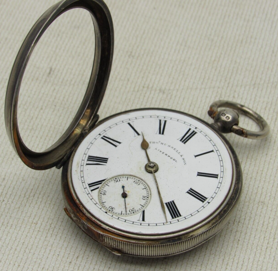 Antique Thomas Russell Liverpool Sterling Silver Pocket Watch Key Wind ...