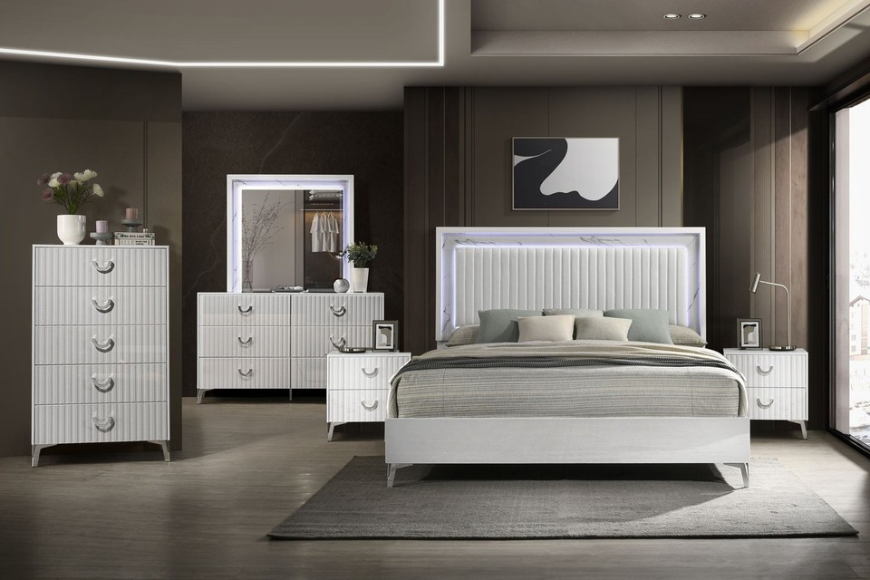 3pc Modern LED Light Upholstered Headboard Queen Bed Dresser Mirror Set ...