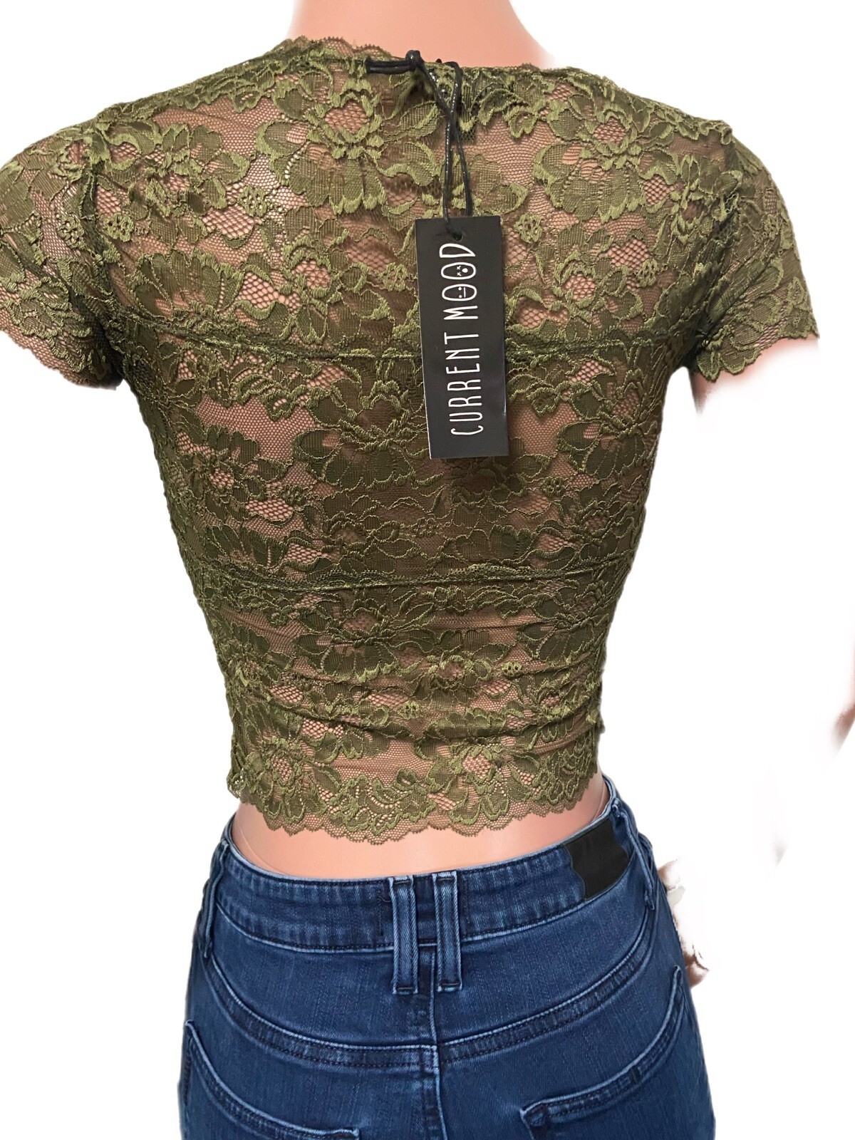 Dollskill Current Mood Green Lace Scalloped Hem V-neck Tight Sheer Crop ...