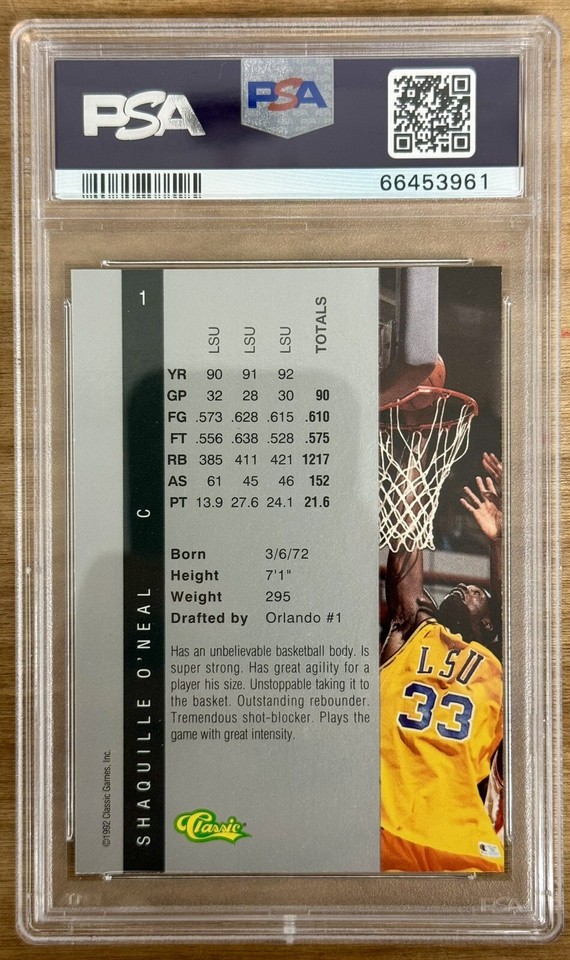 1992 Classic 4 Sport Draft Pick Shaquille O'Neal RC Rookie PSA 8 NM ...