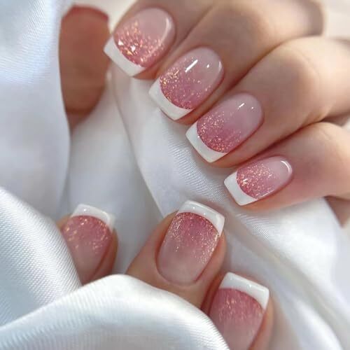 24Pcs White French Tip Press on Nails Short Square Glitter Press on ...