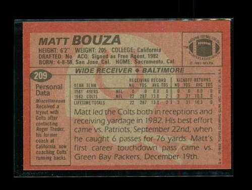 Vintage 1983 TOPPS Football Trading Card #209 MATT BOUZA Baltimore ...