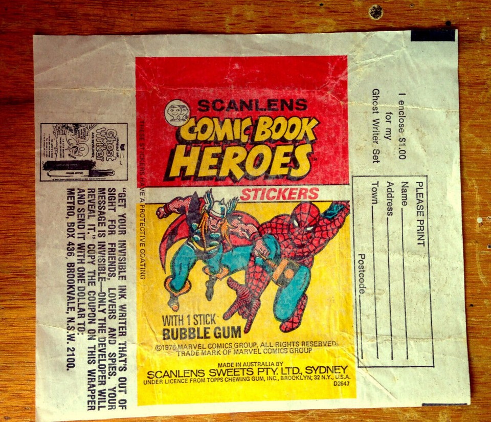 BUBBLE GUM WAX WRAPPER Scanlens 1974 COMIC BOOK HEROES STICKERS RARE | eBay