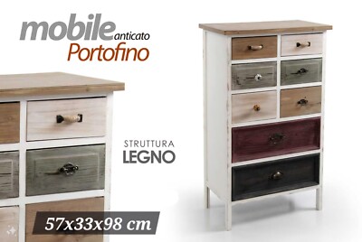 MOBILE ANTICATO IN LEGNO 57 X 33 X 98 CM CON CASSETTI COLORATI ...
