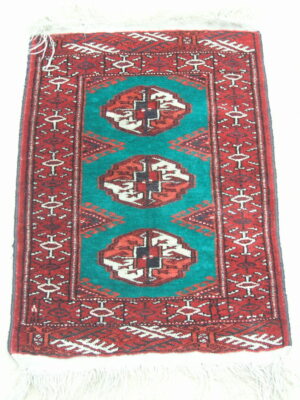 Small Vintage Turkoman 3 Gul Oriental Rug Mat Green Field 22x37" All ...
