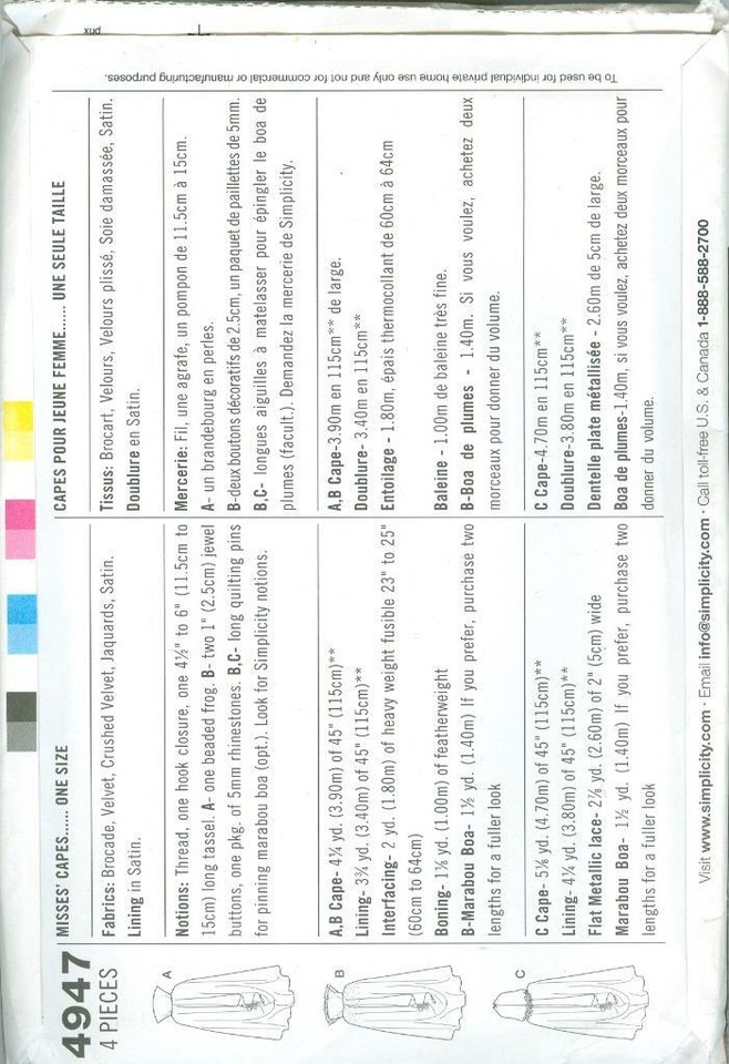 Vintage Style CAPE COSTUME PATTERN Adult One Size - Simplicity 4947 ...