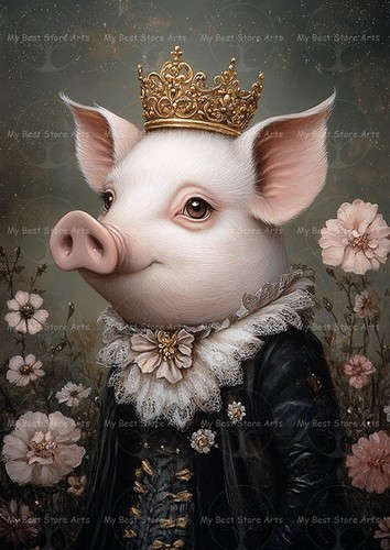 ROYAL PIG ART PRINT, Fantasy Farm Animal Decor, Piglet Portrait, Floral ...