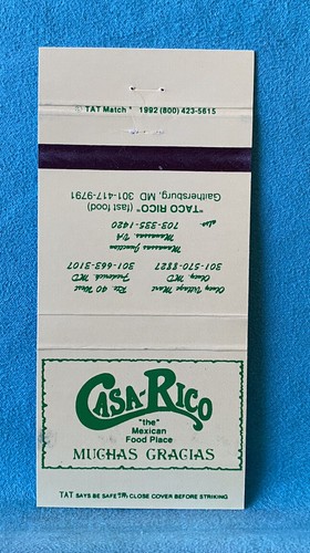 Matchbook Cover Casa Rico Mexican Restaurant Gaithersburg Maryland | eBay