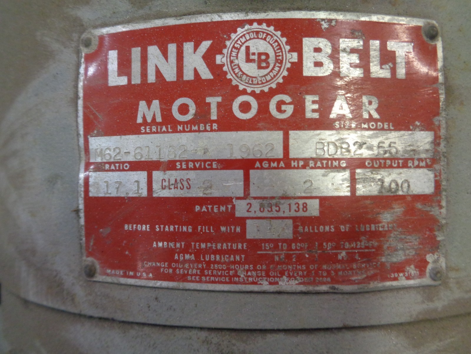 Link Belt gear speed reducer BDB2-55 Ratio 17.1"Used" 2 HP Class 2 (See ...