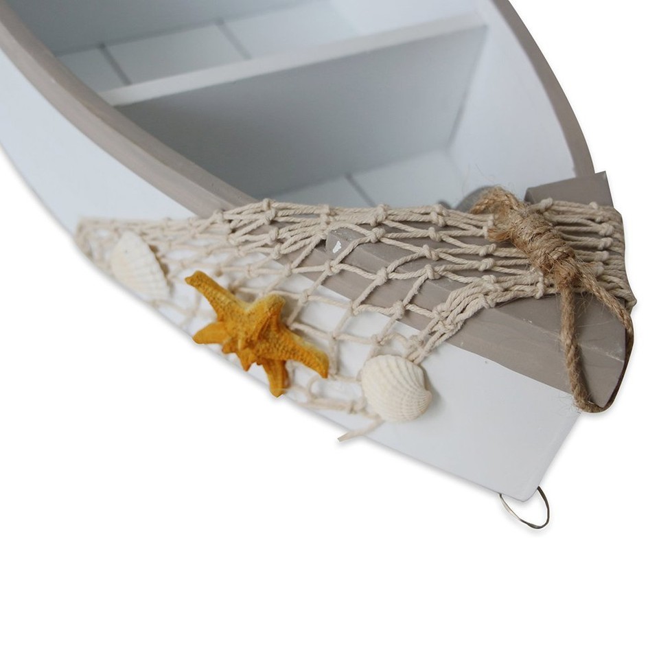 Wooden Boat Display with 3 Shelves Fish Net Star Fish, White Wood Boat ...