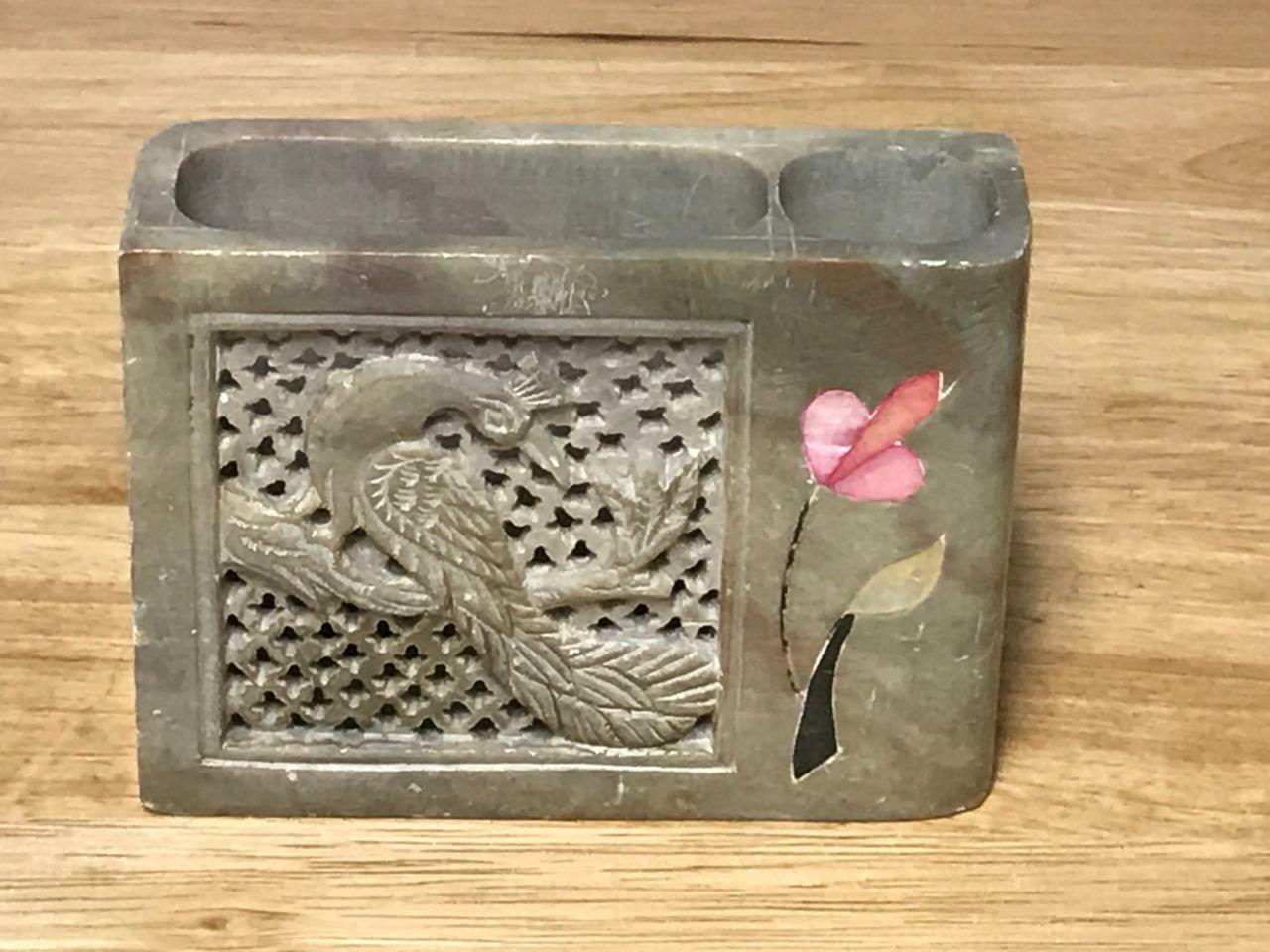 ALABASTER MARBLE CADDY ENGRAVED AND INLAID WITH PINK & YELLOW MOTHER OF ...