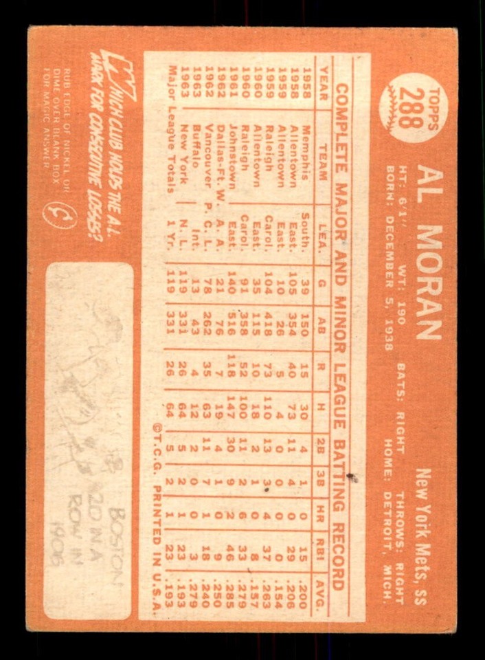 1964 Topps Baseball #288 Al Moran EX *e1 | eBay