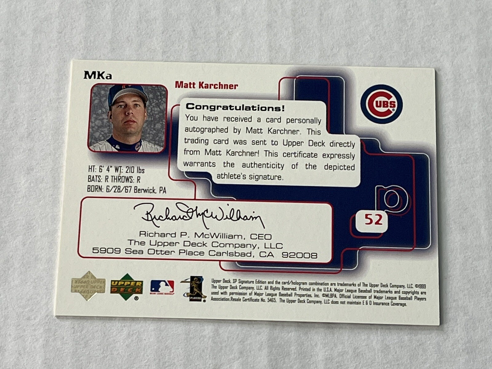 Matt Karchner 1999 Upper Deck SP Authentic Signature Edition Auto ...