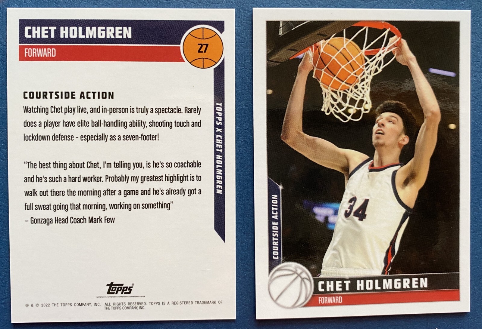 2022 TOPPS X CHET HOLMGREN ROOKIE 27 "COURTSIDE ACTION" GONZAGA OK CITY ...